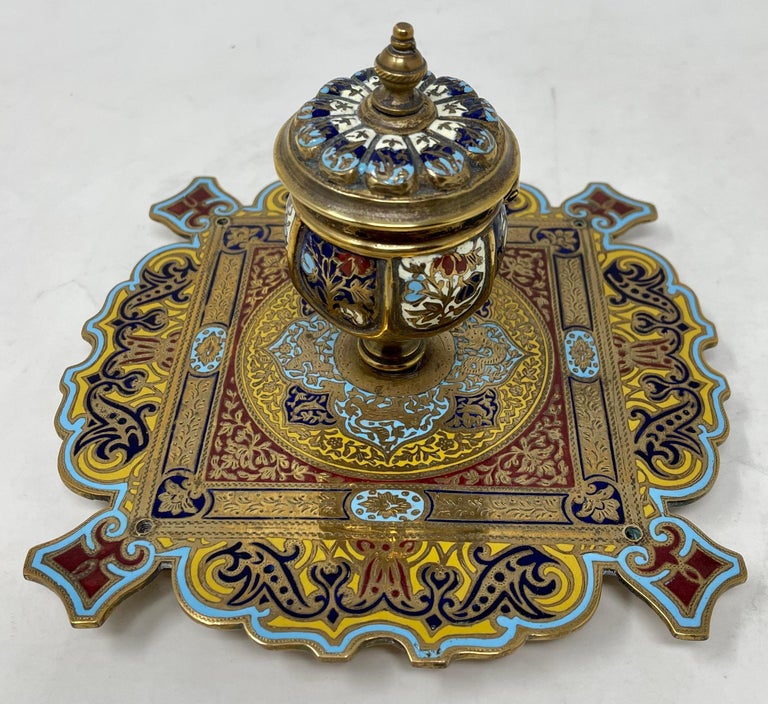 Antique French Cloisonné Enamel and Gold Bronze 7 Piece Inkwell Desk ...