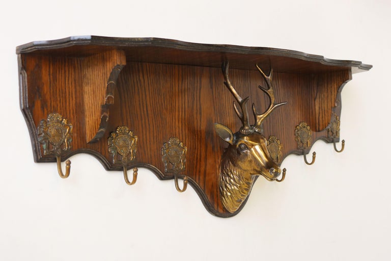 Antique French Coat Rack with Brass Deer Head 1940 Carved Oak Hat Rack ...