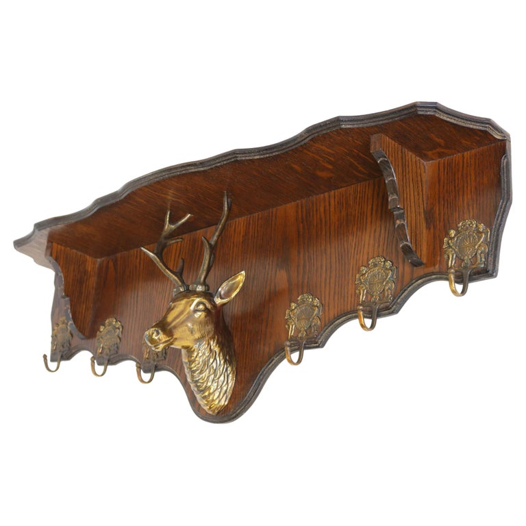 Antique French Coat Rack with Brass Deer Head 1940 Carved Oak Hat Rack ...