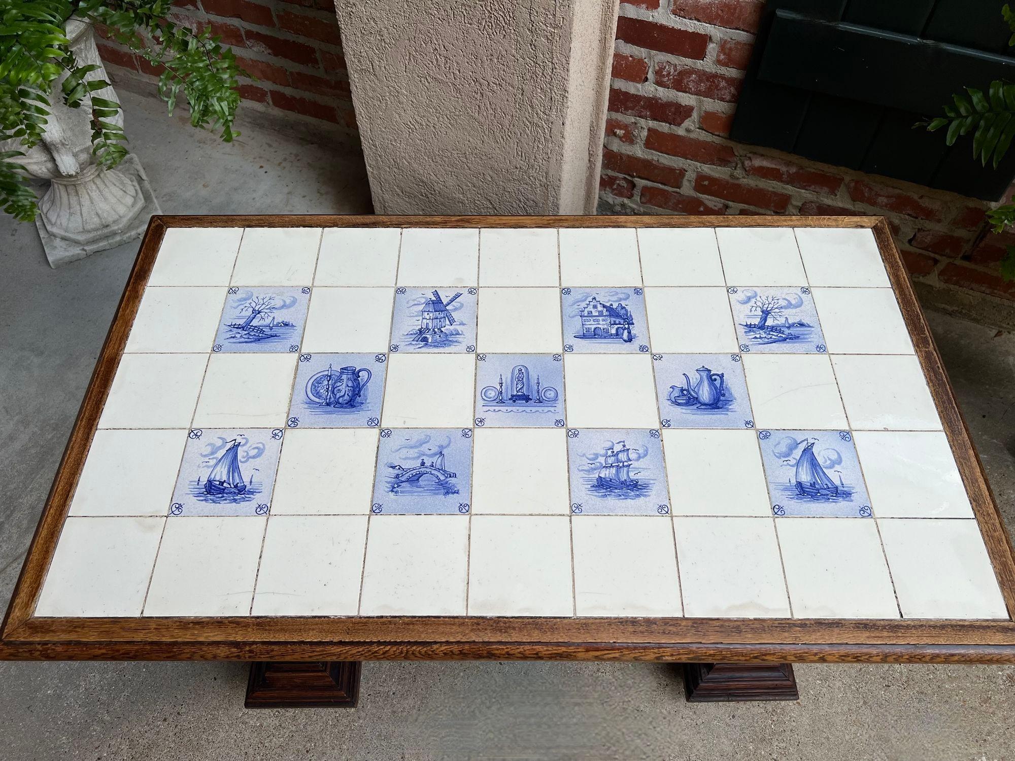 Antique French Coffee Table Renaissance Carved Oak White Blue Delft ...