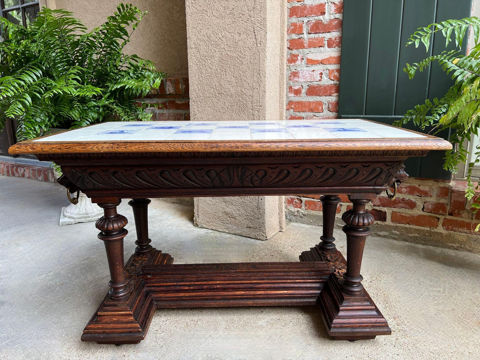 Antique French Coffee Table Renaissance Carved Oak White Blue Delft ...