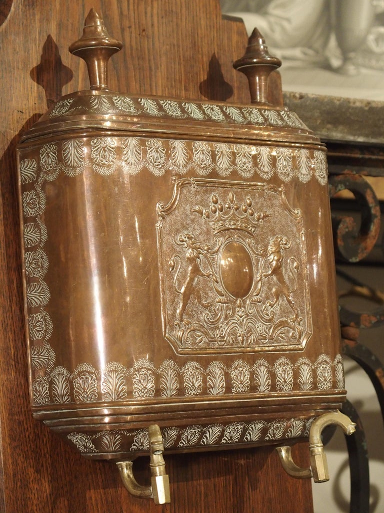 Antique French Copper Coat of Arms Lavabo and Basin on Wooden Wall ...