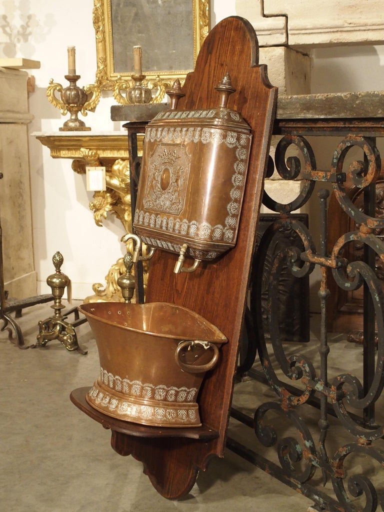 Antique French Copper Coat of Arms Lavabo and Basin on Wooden Wall ...