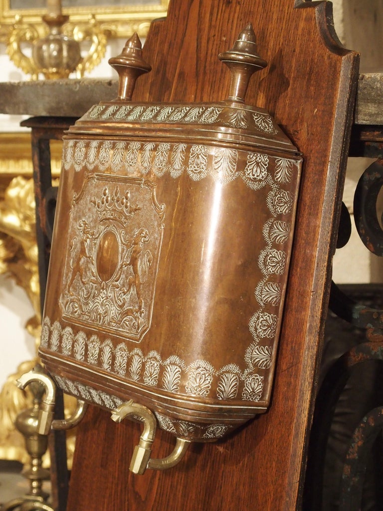 Antique French Copper Coat of Arms Lavabo and Basin on Wooden Wall ...