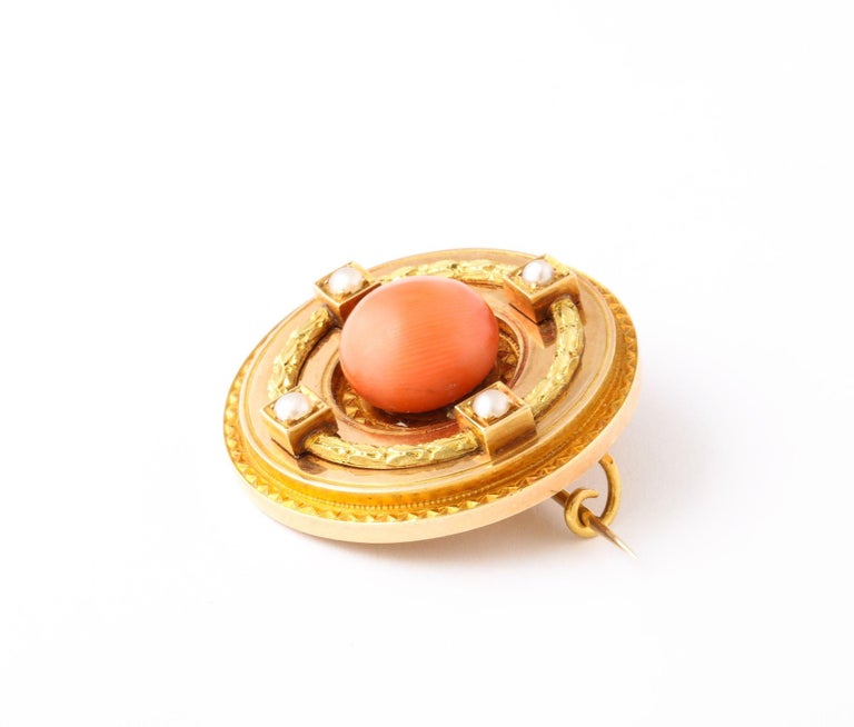 Antique French Coral and Pearl Brooch For Sale at 1stDibs