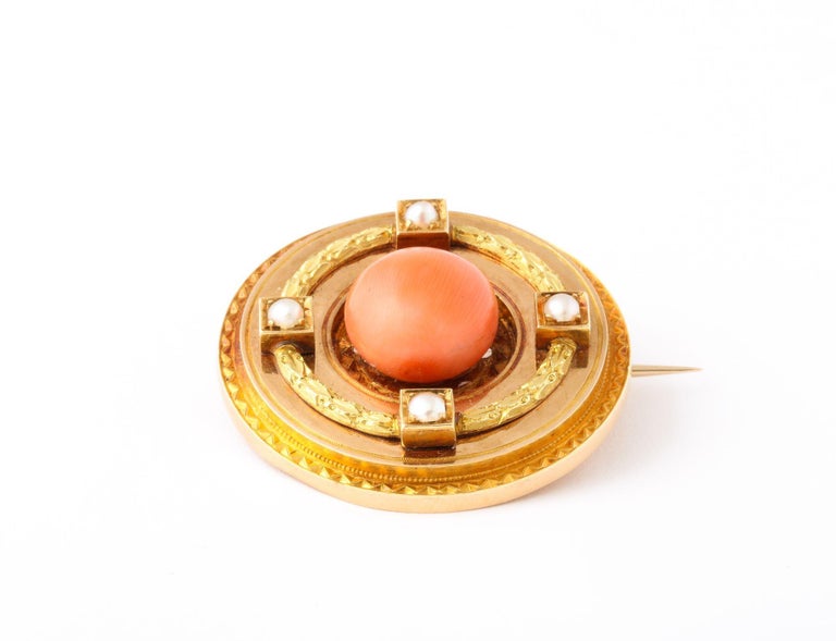 Antique French Coral and Pearl Brooch For Sale at 1stDibs