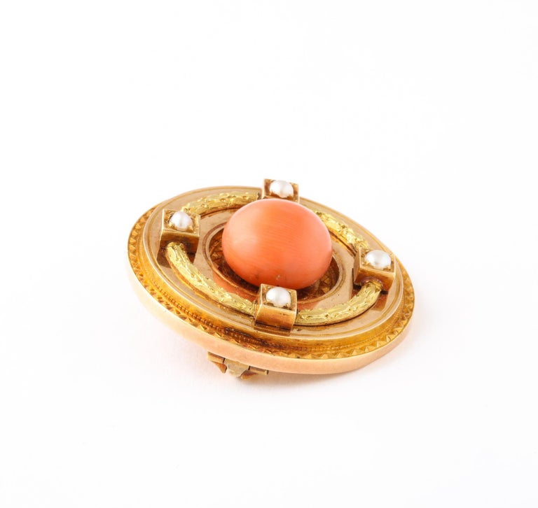 Antique French Coral and Pearl Brooch For Sale at 1stDibs