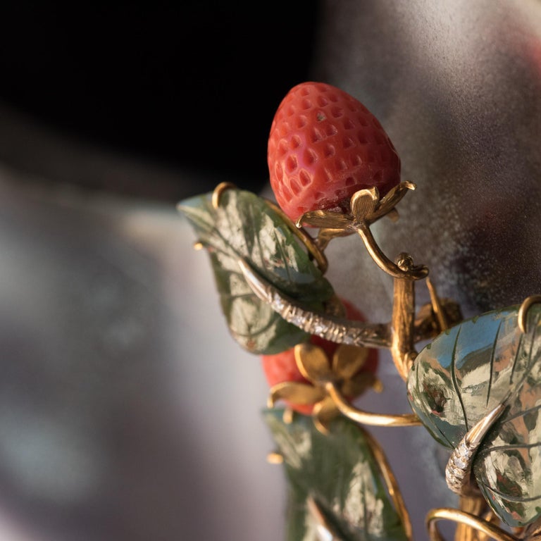 Antique French Coral Jade Diamond Gold Strawberry Branch Brooch at ...