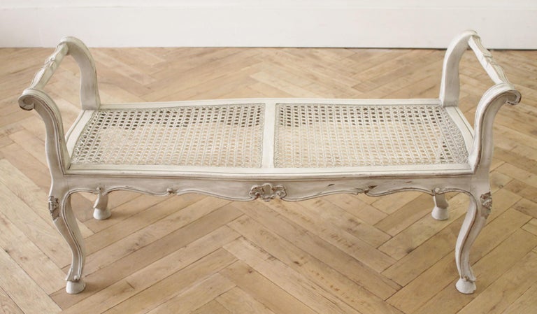 Antique French Country Cane Bench with Organic Linen Hand Pleated ...