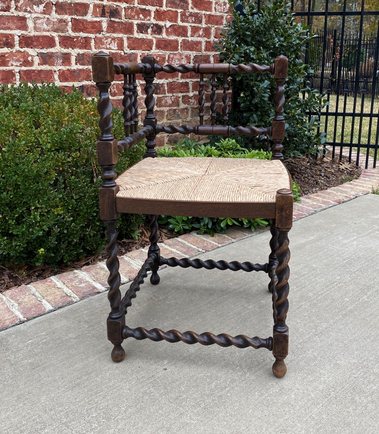 Antique French Country Corner Chair Oak Barley Twist Rush Seat Petite ...
