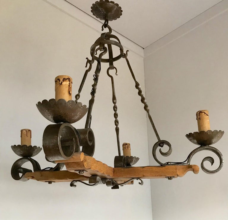 Antique French Country Style Wrought Iron and Oak Chandelier Work of ...