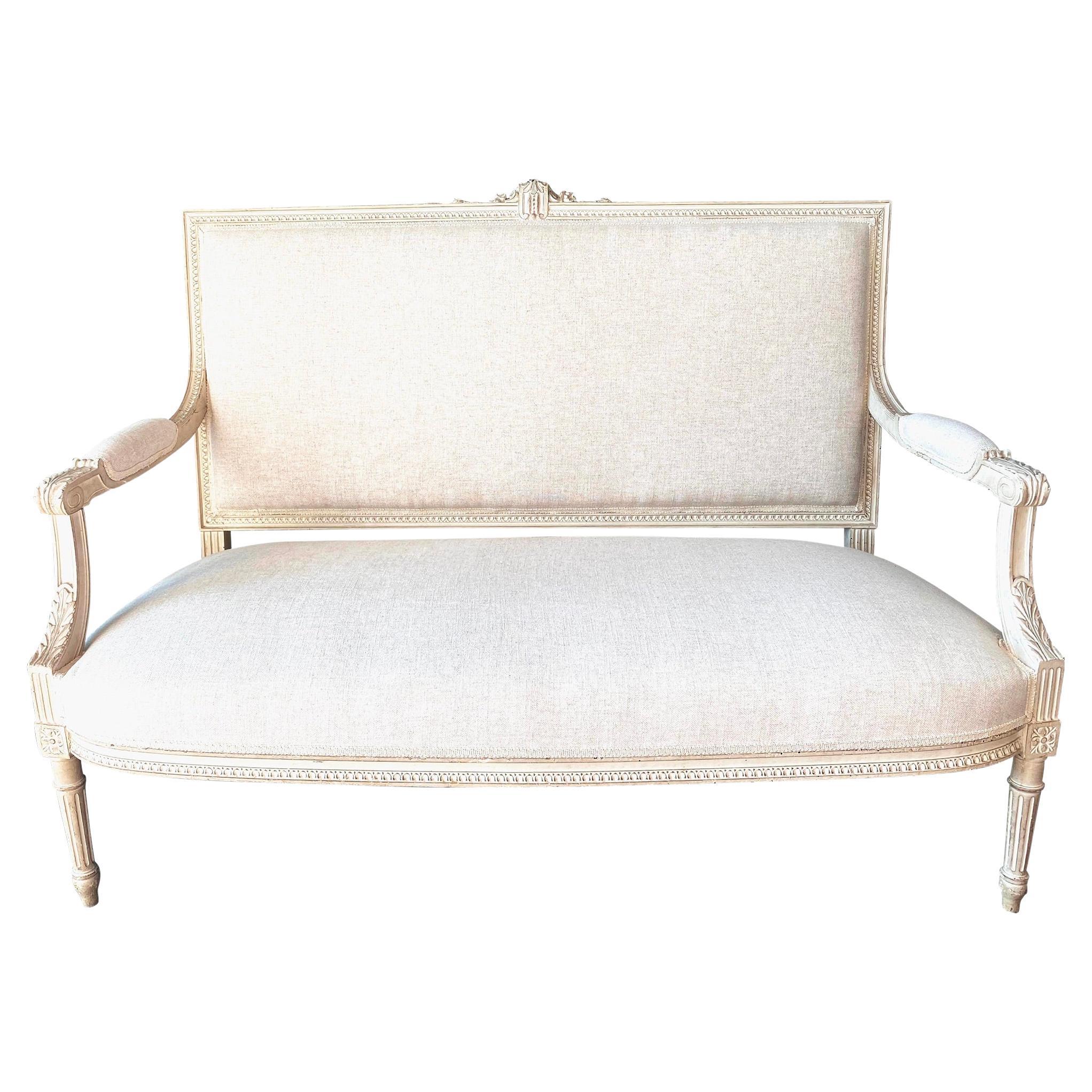 Antique French Cream Painted Settee with Off White Linen Blend ...