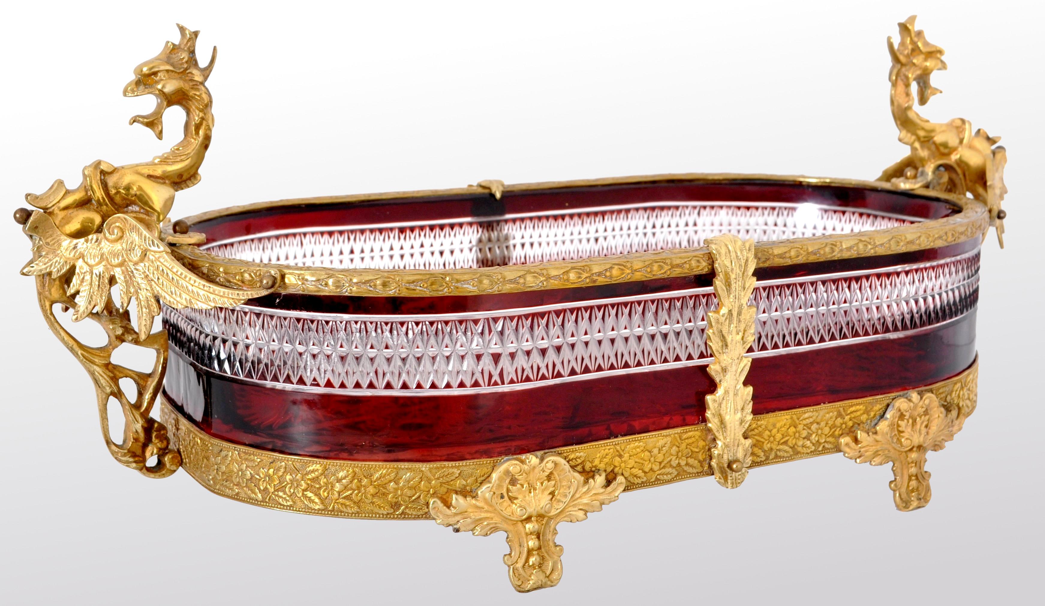 Antique French Cut Glass Crystal Ruby Doré Bronze Griffin Centerpiece ...