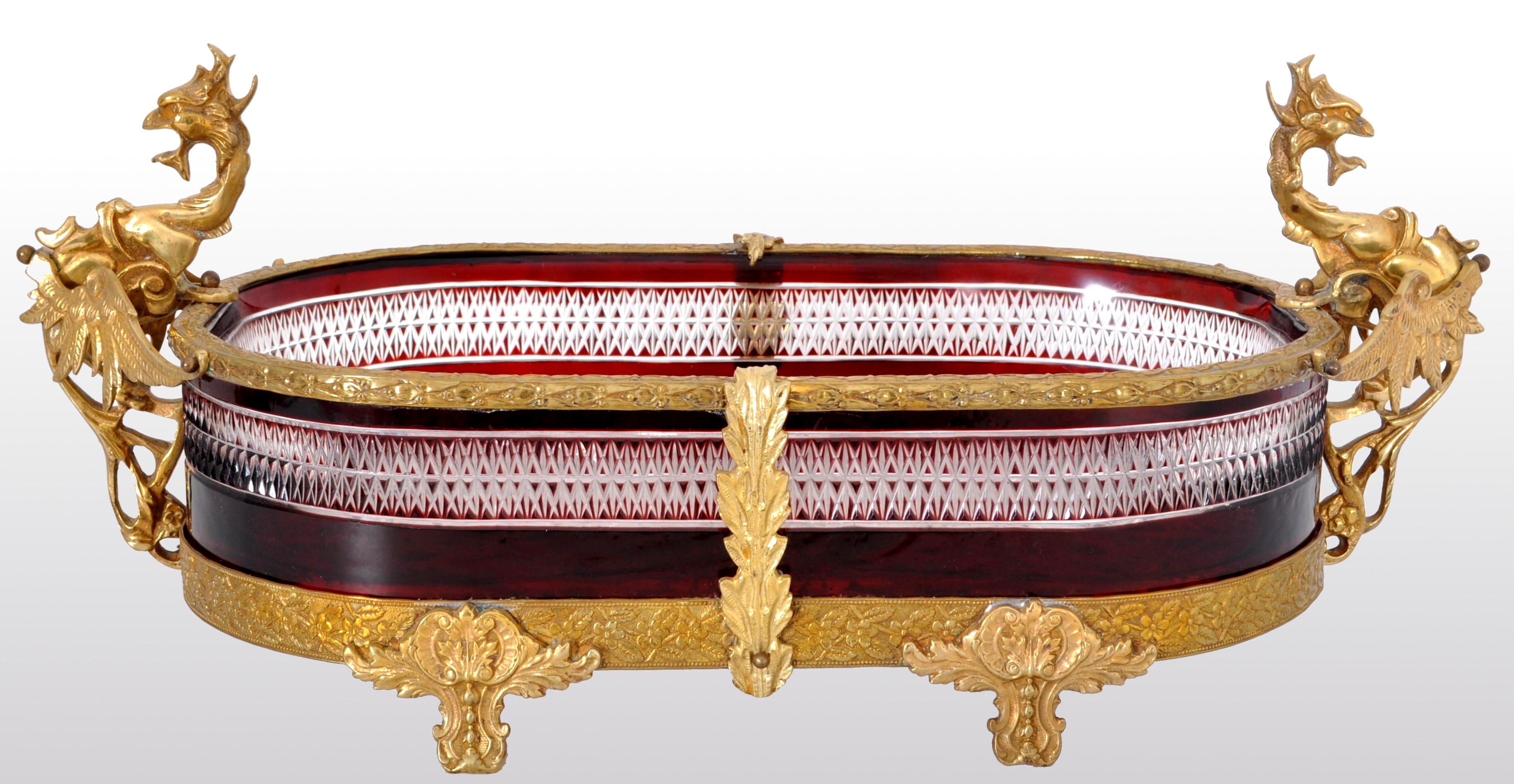 Antique French Cut Glass Crystal Ruby Doré Bronze Griffin Centerpiece ...