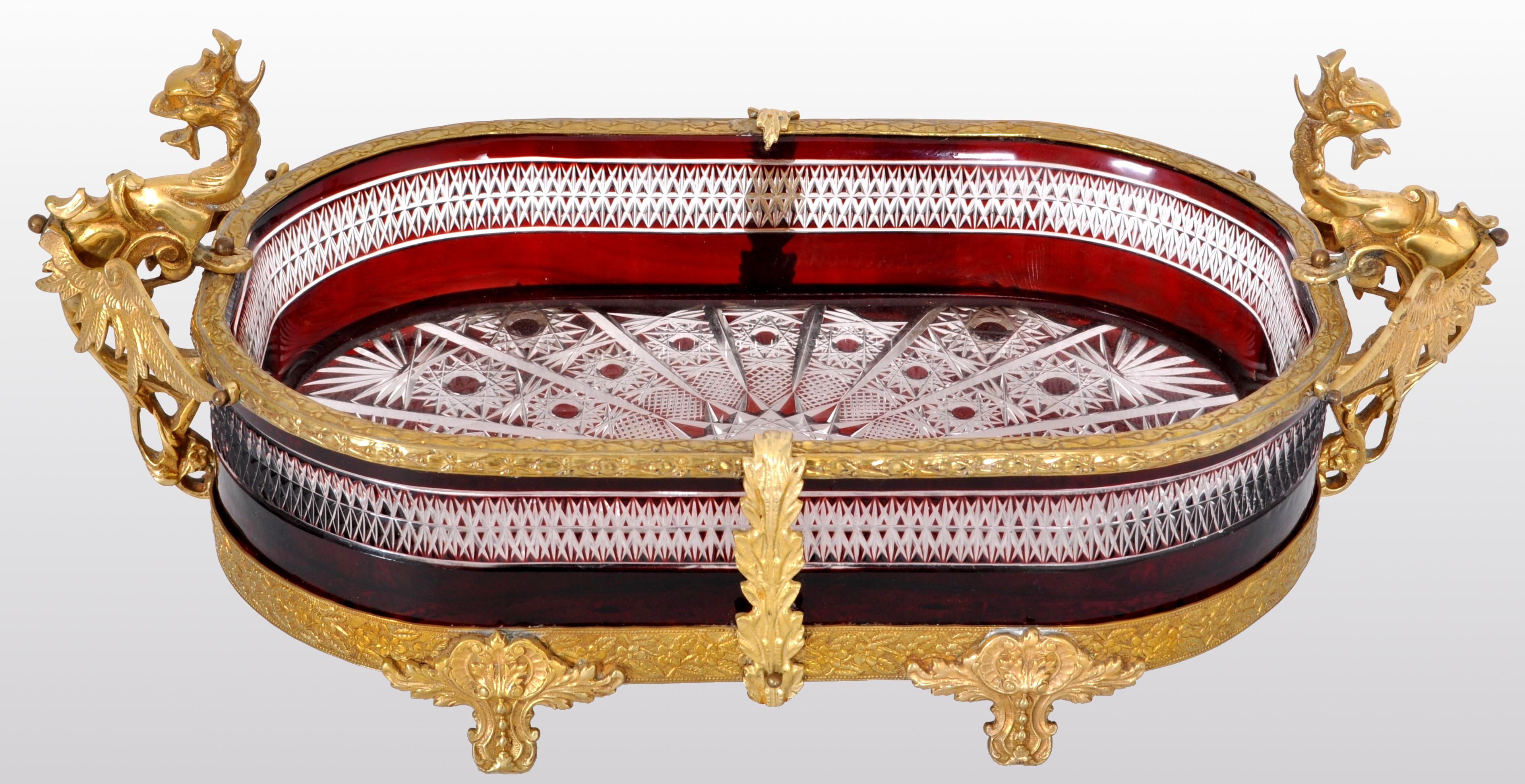 Antique French Cut Glass Crystal Ruby Doré Bronze Griffin Centerpiece ...