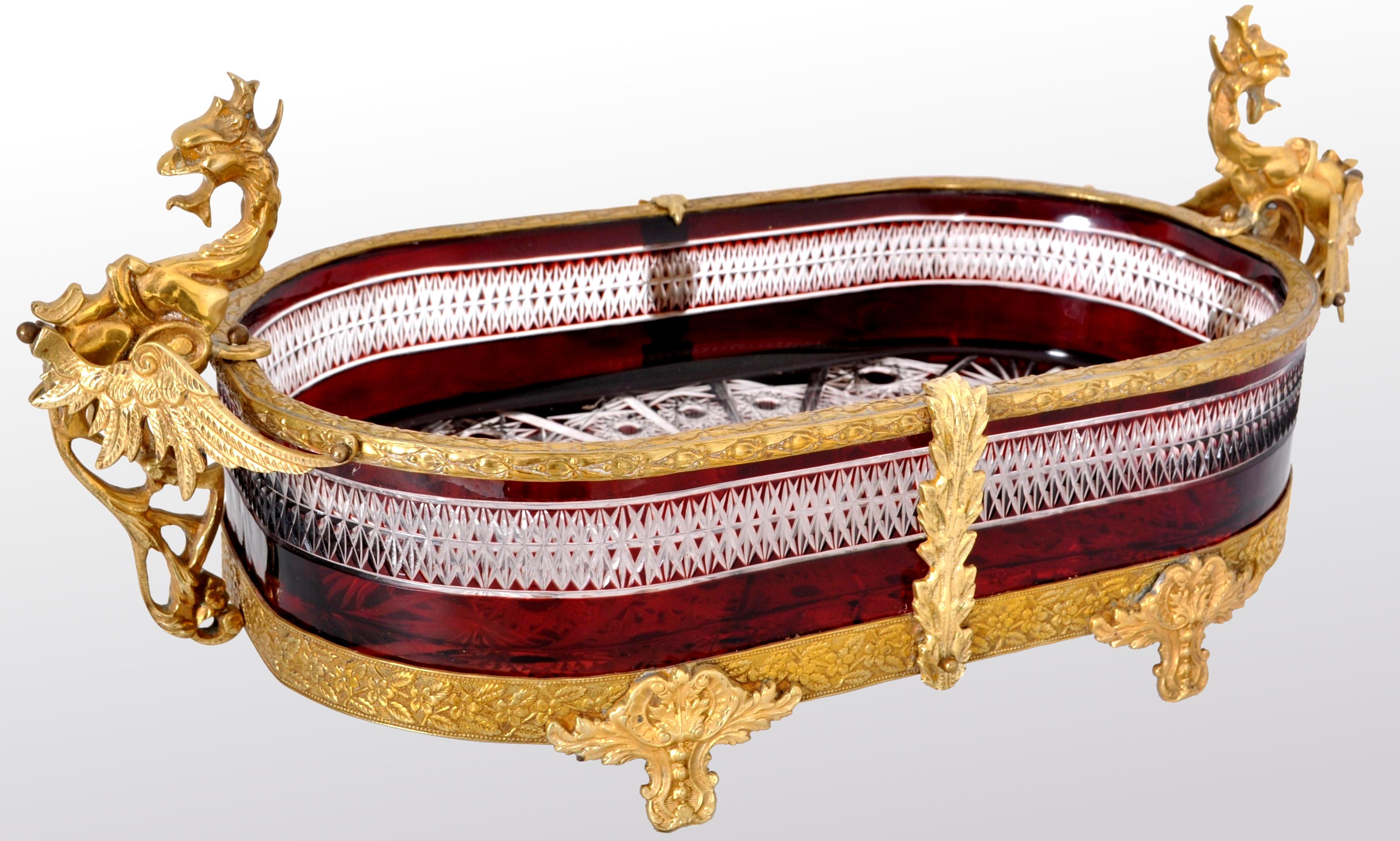 Antique French Cut Glass Crystal Ruby Doré Bronze Griffin Centerpiece ...