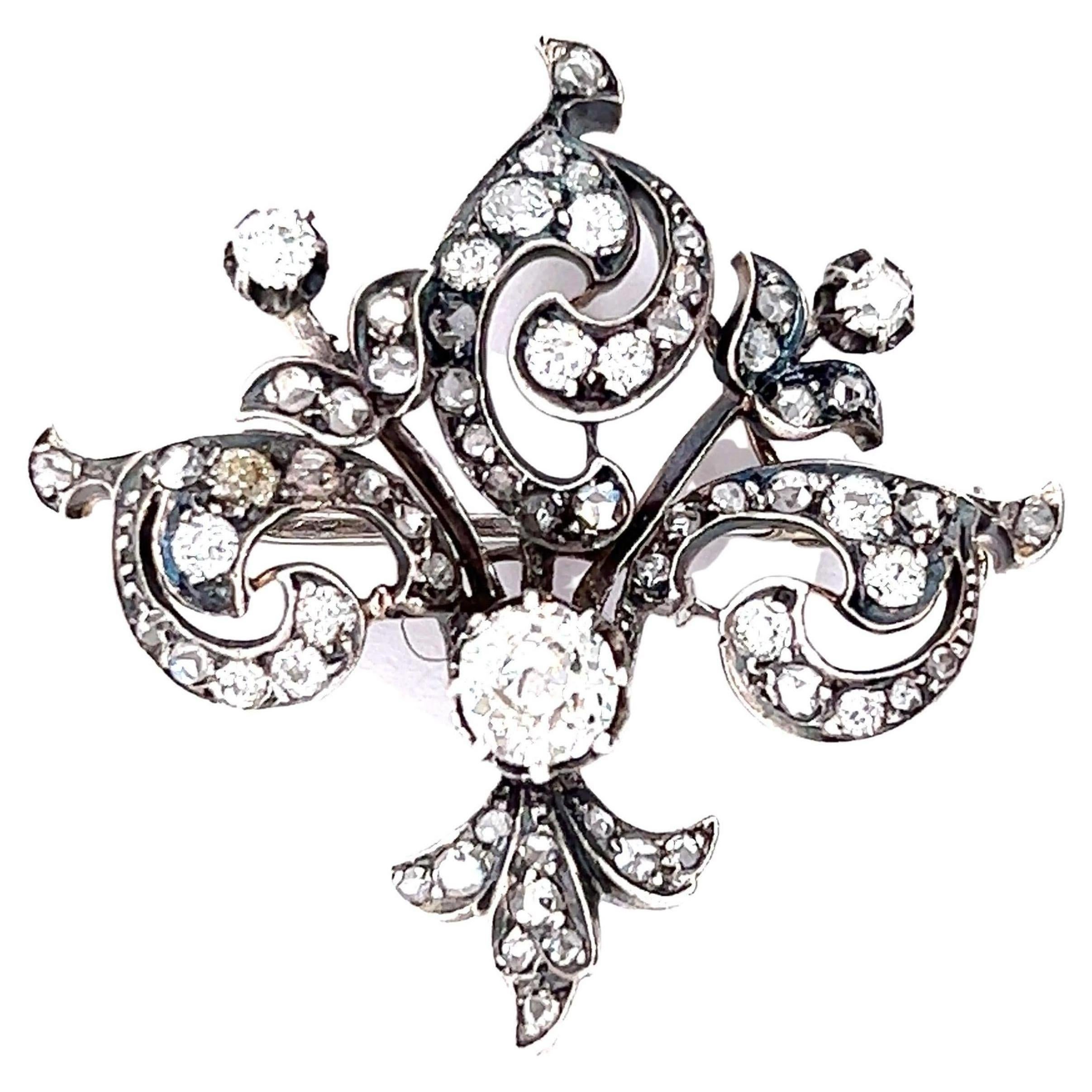 Antique French Diamond Silver 18 Karat Gold Brooch at 1stDibs
