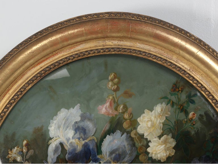Antique French Églomisé Flower Mirror in Gilded Oval Frame, Cracked at ...
