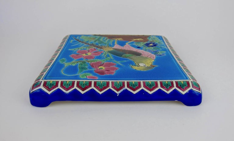 Antique French Emaux de Longwy Trivet or Stand with Chinoiserie Bird ...