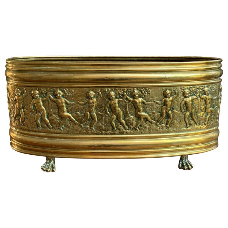 Antique French Embossed Repousse Brass Jardinière Oval Planter Cache ...