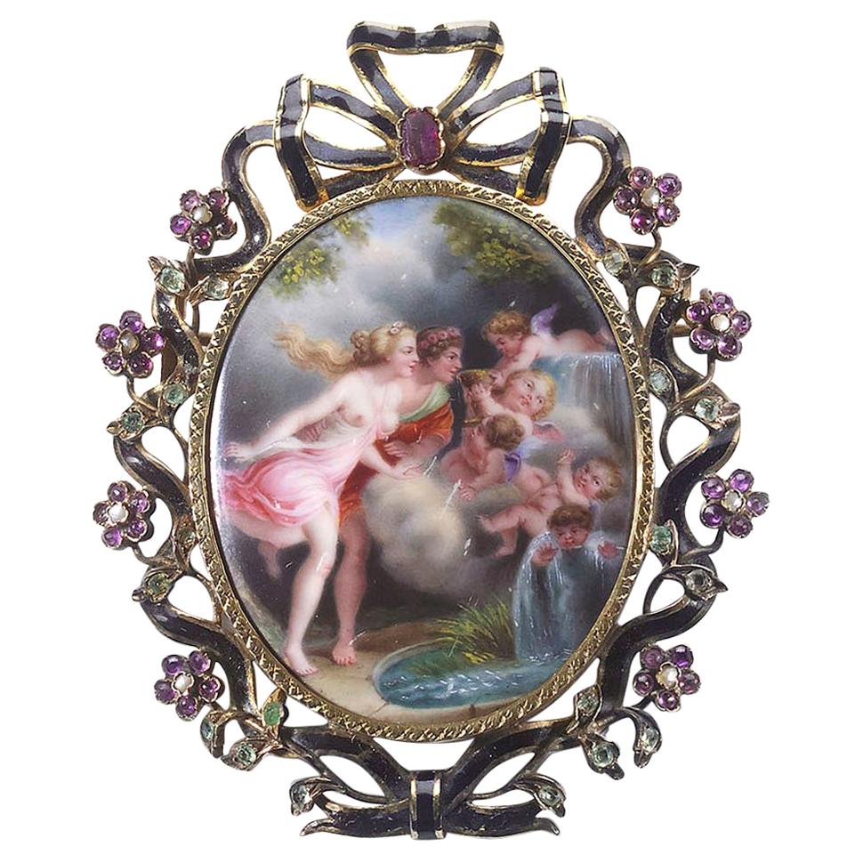 Antique French Enameled Gold Brooch For Sale at 1stdibs