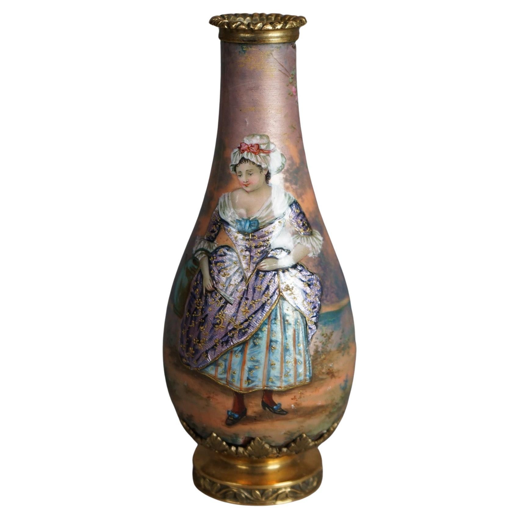 Antique French Enameled Metal Portrait Vase Early 20thC For Sale at 1stDibs