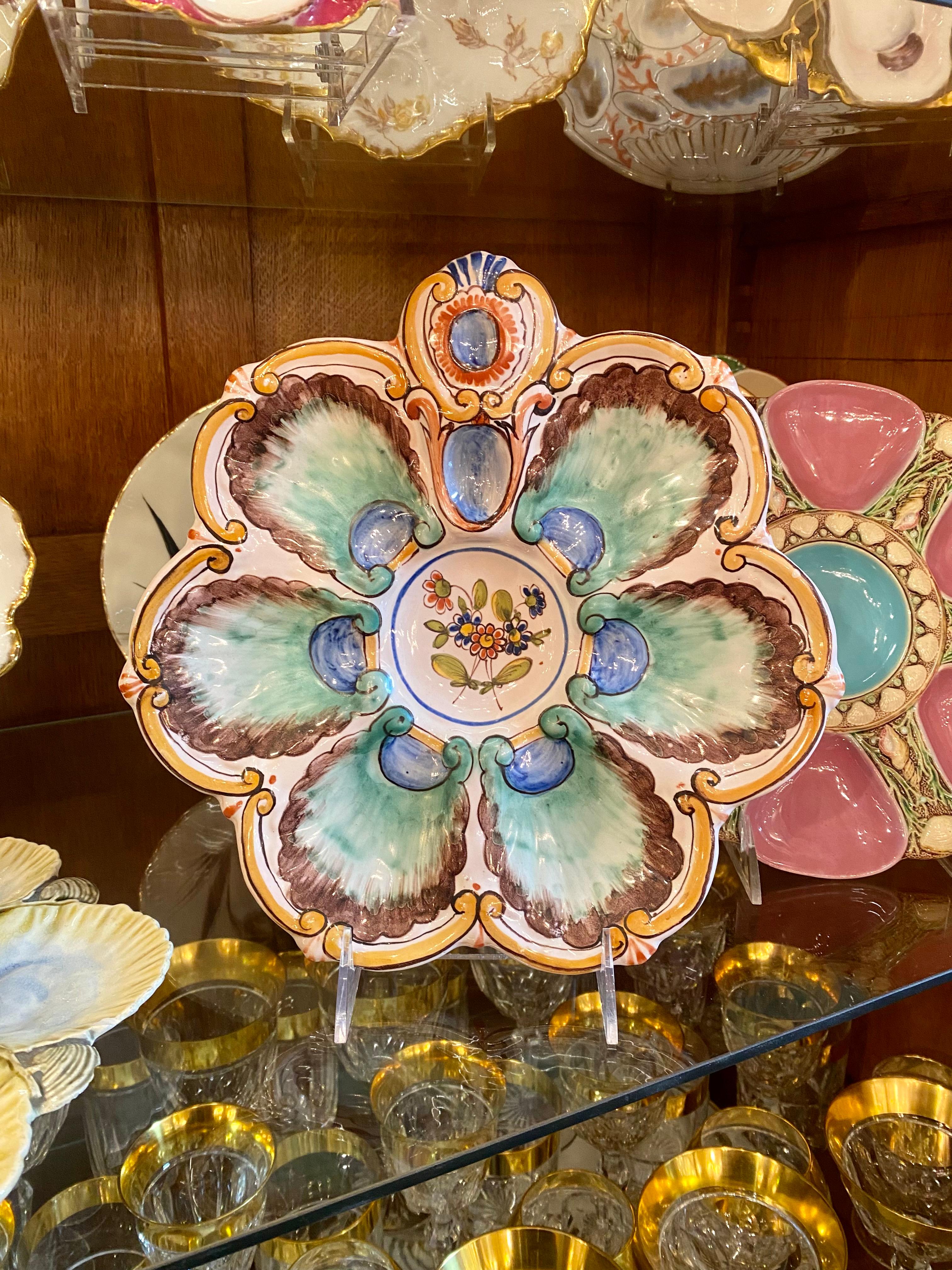 Antique French Faience Blue, Green and Yellow Porcelain Oyster Plate ...