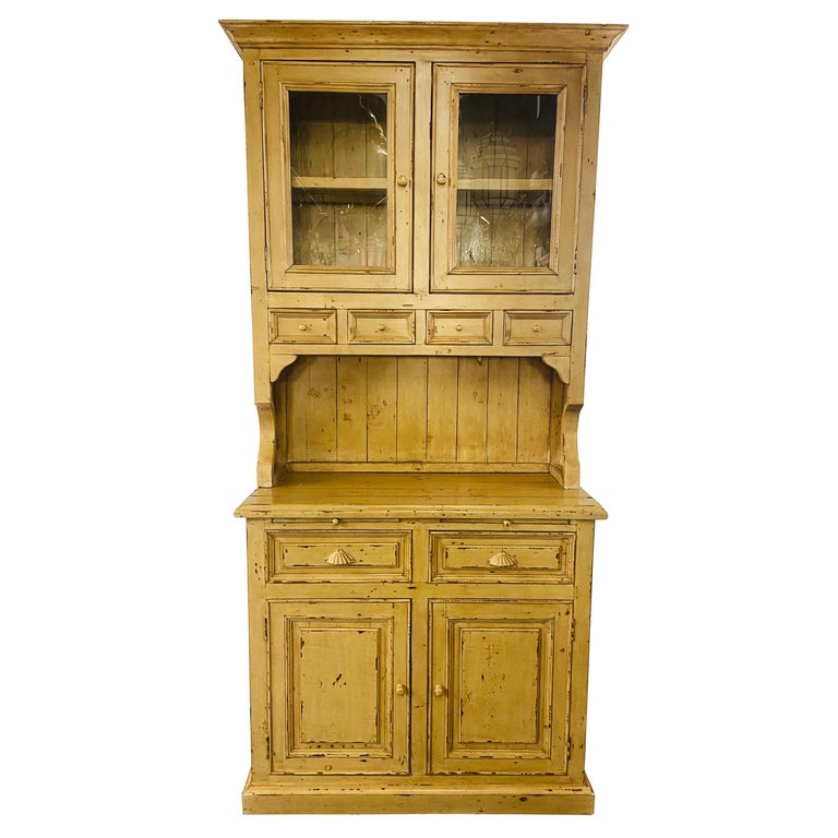 Antique French Farm Style Cabinet with Hutch in Off-White/ Beige at 1stDibs
