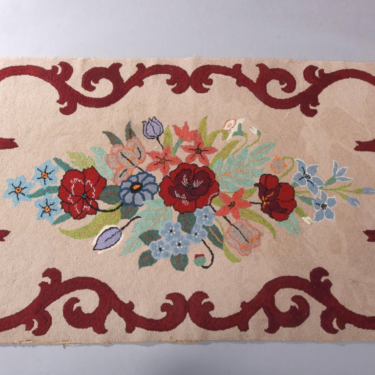 Antique French Floral and Scroll Hooked Rug, circa 1930 For Sale at 1stDibs