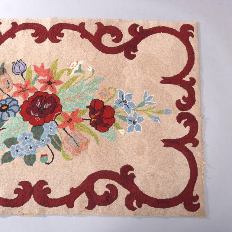 Antique French Floral and Scroll Hooked Rug, circa 1930 For Sale at 1stDibs
