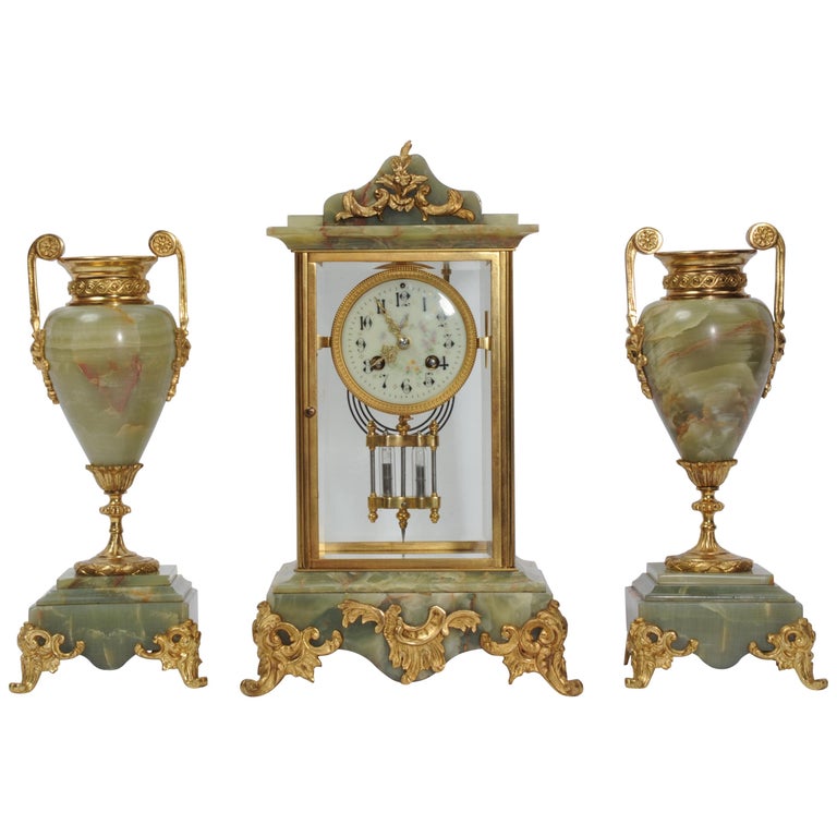 Antique French Four Glass Crystal Regulator Clock Set in Onyx and ...