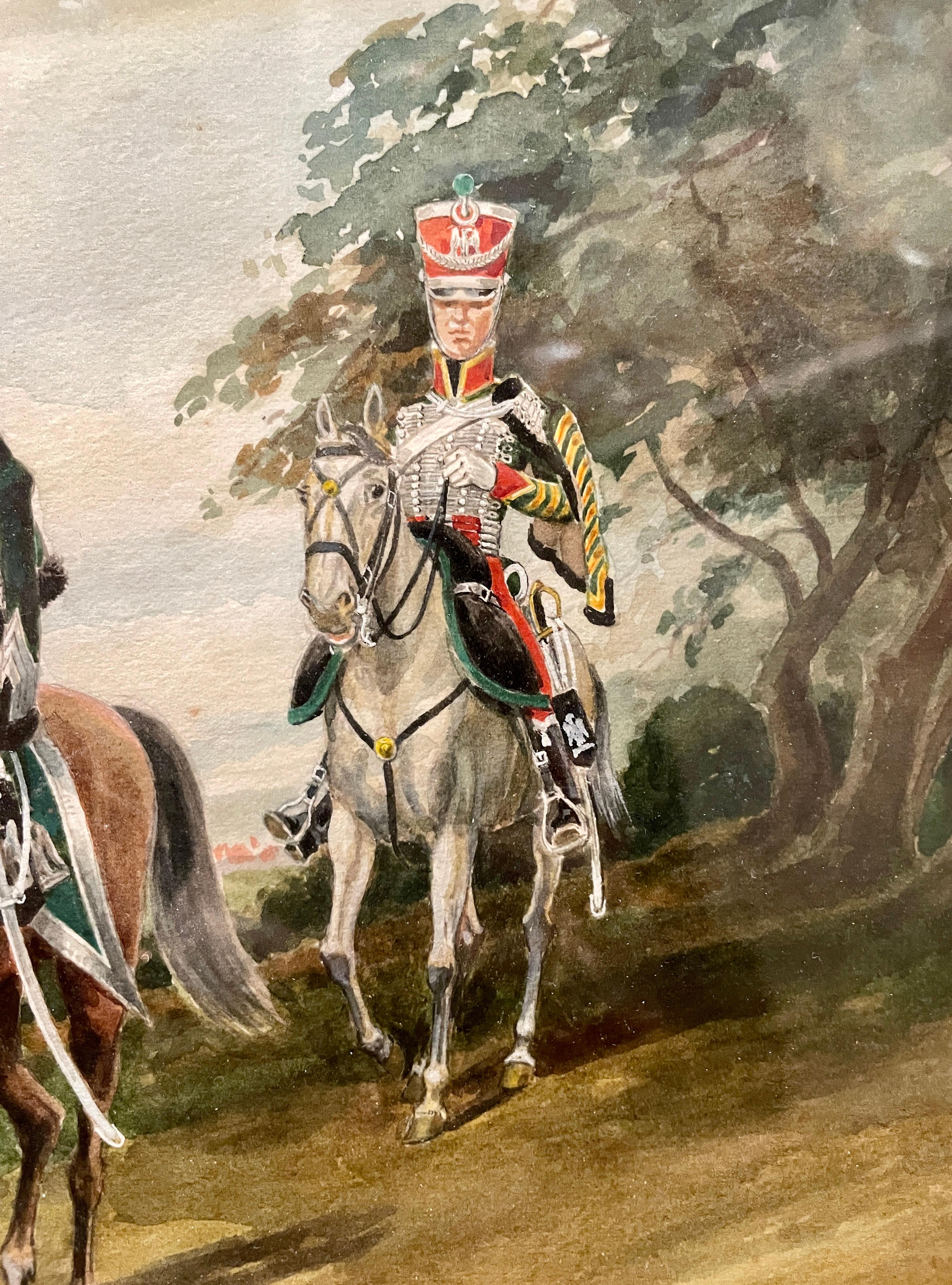 Antique French Framed Watercolor Painting, Napoleon's Cavalry Arrive at ...
