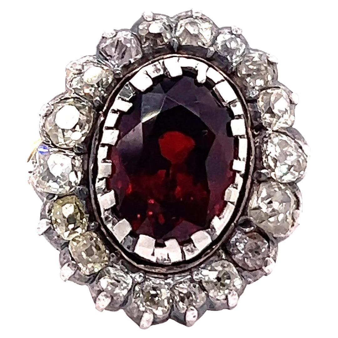 Antique Almondine Garnet Diamond Silver Gold Cluster Ring at 1stDibs