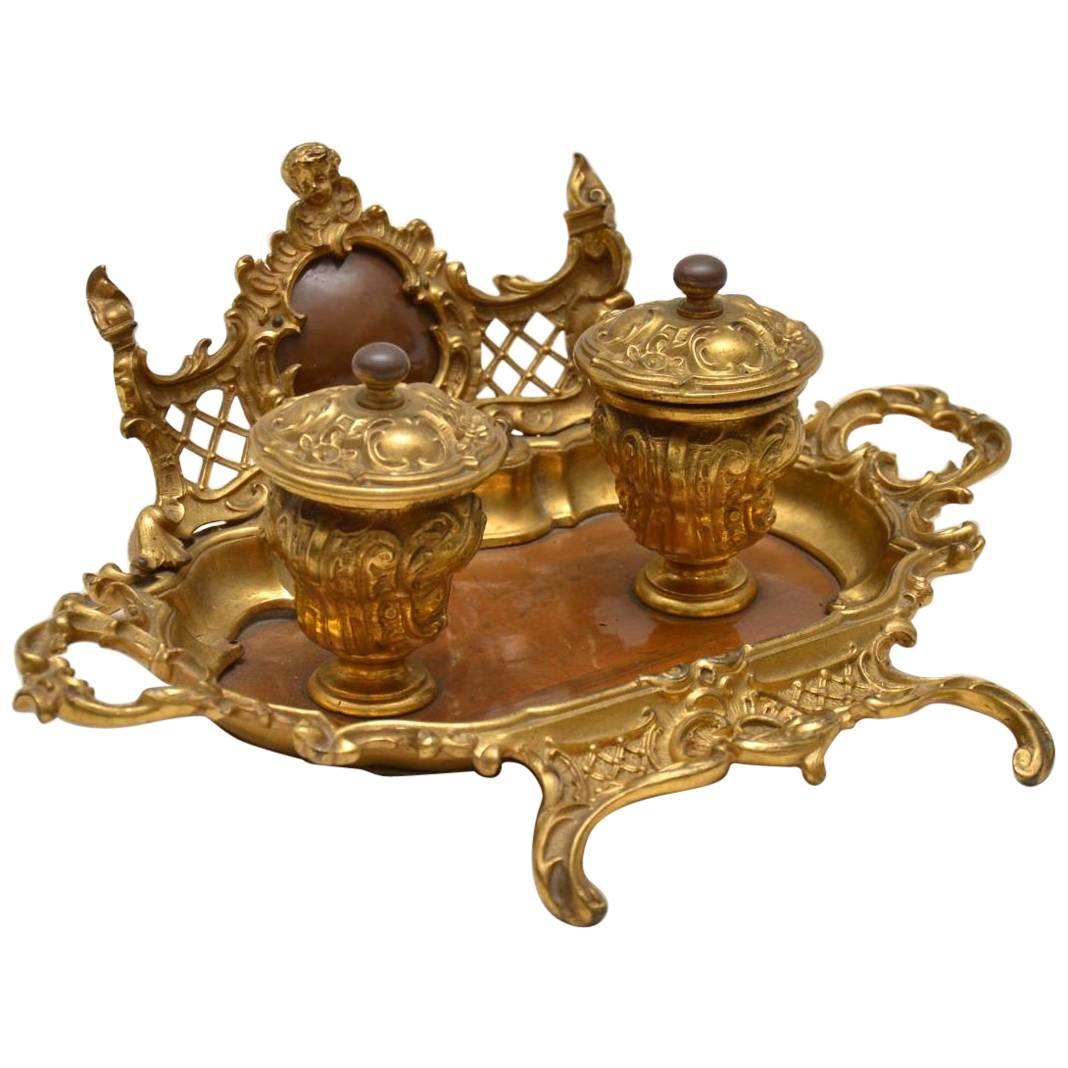 Antique French Gilt Bronze and Walnut Inkwell at 1stDibs | antique inkwell