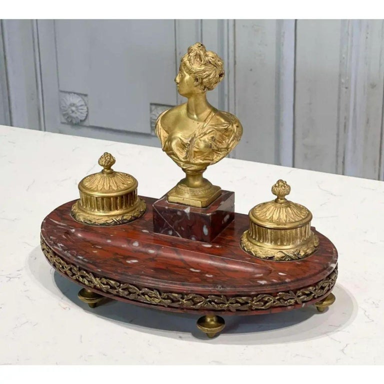 Antique French Gilt Bronze Inkwell on Rouge Marble Stand, 19th Century ...