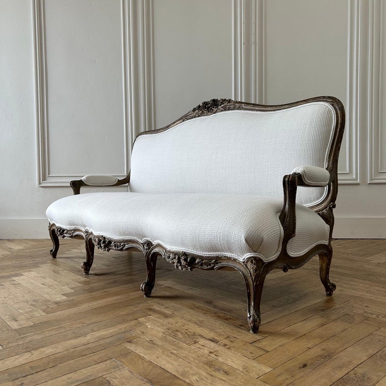 Antique French Gilt Wood Settee Upholstered in Antique White Wool and ...