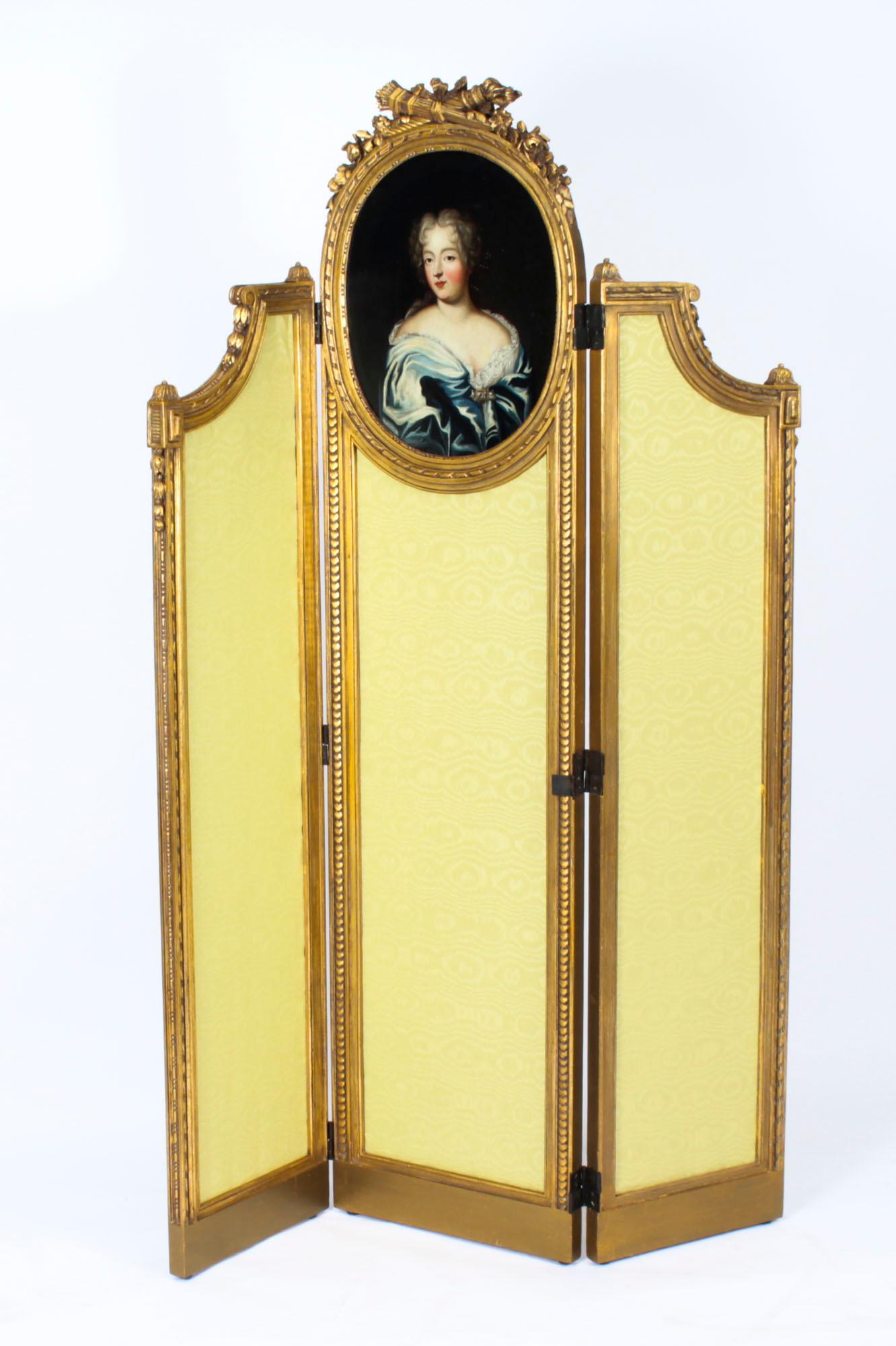 Antique French Giltwood Dressing Screen with Oil Painting Portrait ...