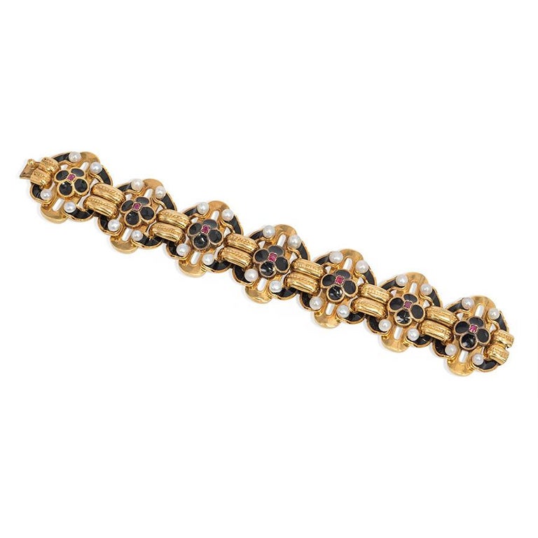 Antique French Gold and Enamel Bracelet with Ruby and Pearl Accents For ...
