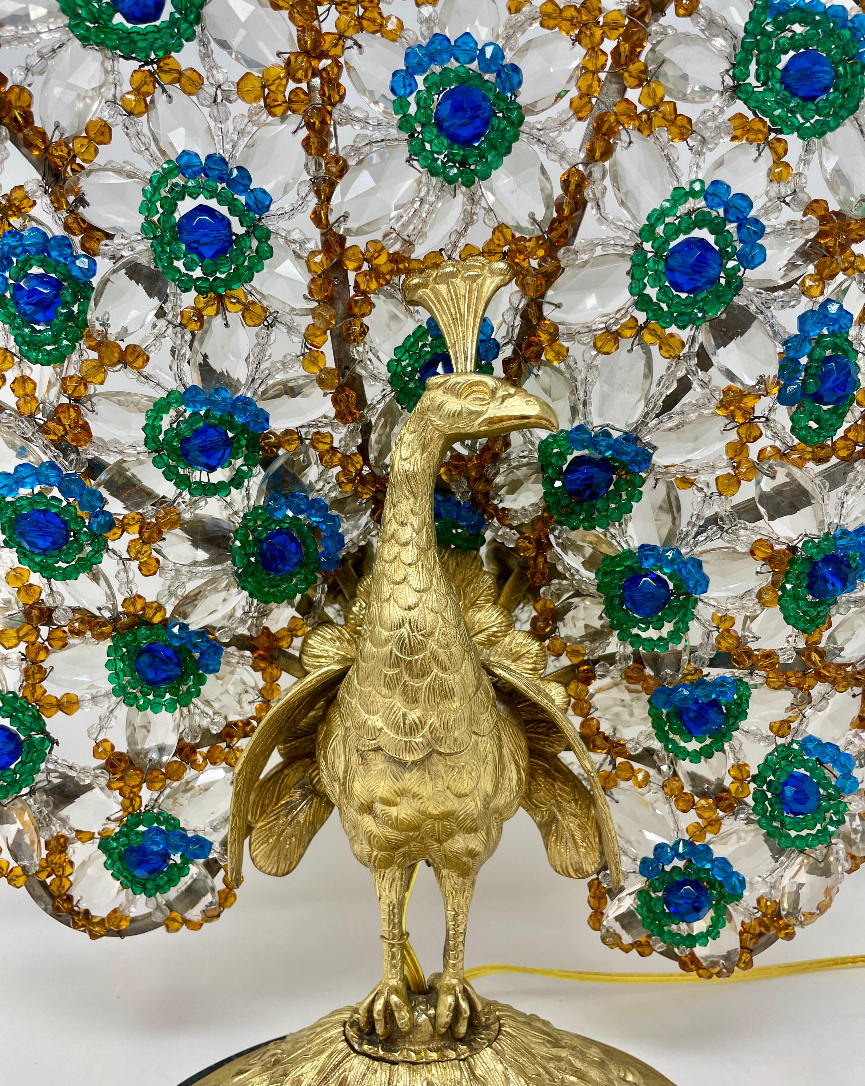 Antique French Gold Bronze and Colored Crystal Peacock Lamp on Marble ...