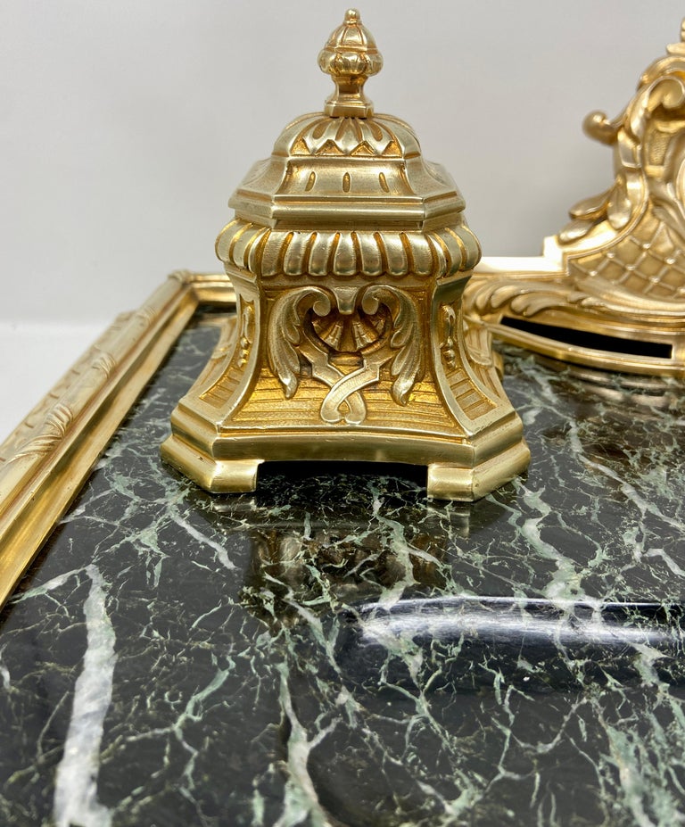Antique French Gold Bronze and Green Marble Inkwell Signed "A ...