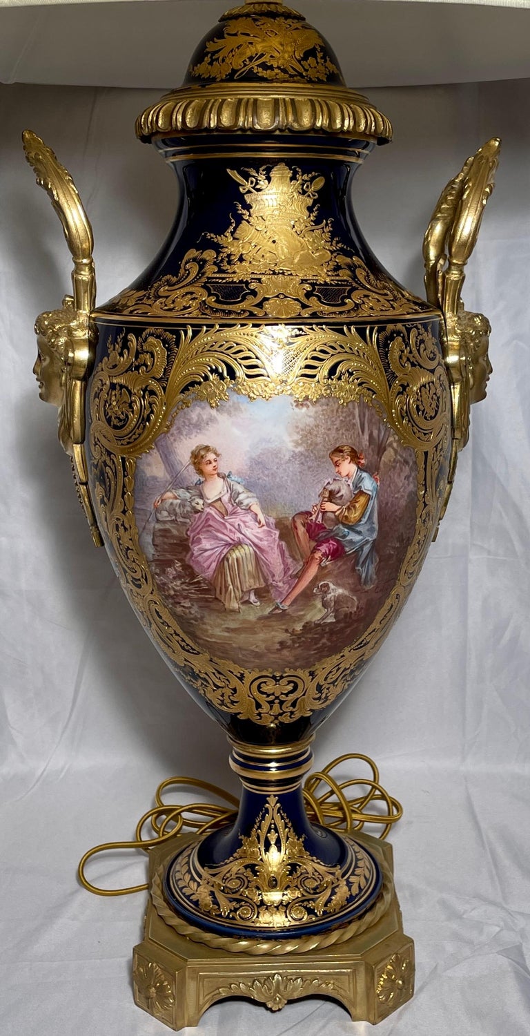 Antique French Gold Encrusted Cobalt Sèvres Porcelain Urn Converted to ...