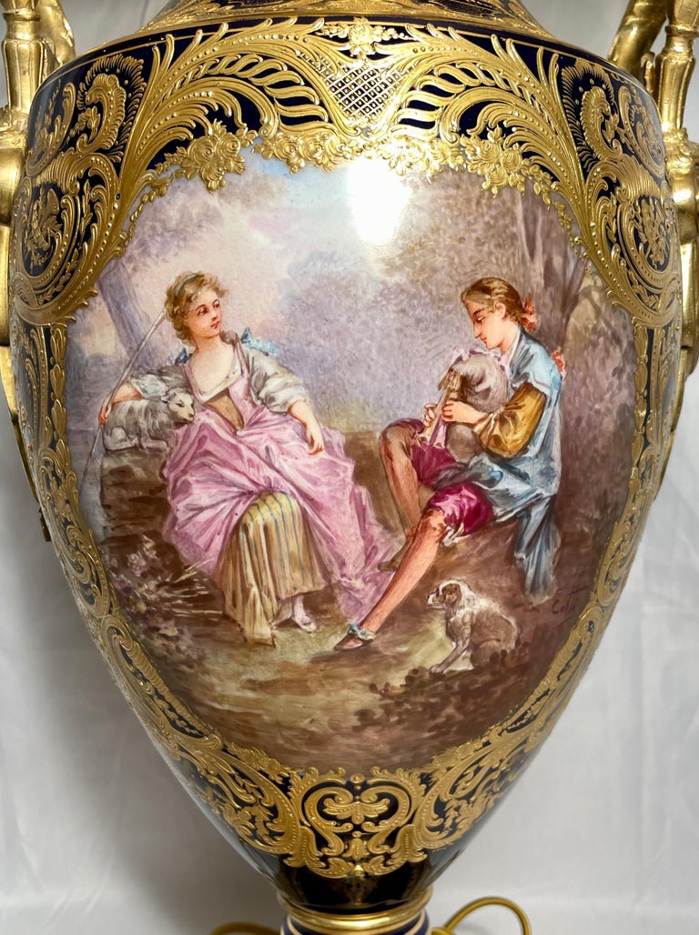 Antique French Gold Encrusted Cobalt Sèvres Porcelain Urn Converted to ...