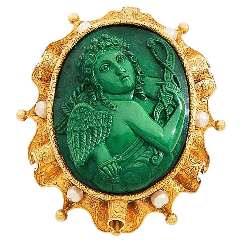 Antique French Gold Pearl and Malachite Cameo Brooch/Pendant For Sale ...
