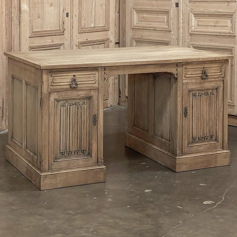 Antique French Gothic Executive Desk in Stripped Oak For Sale at 1stDibs