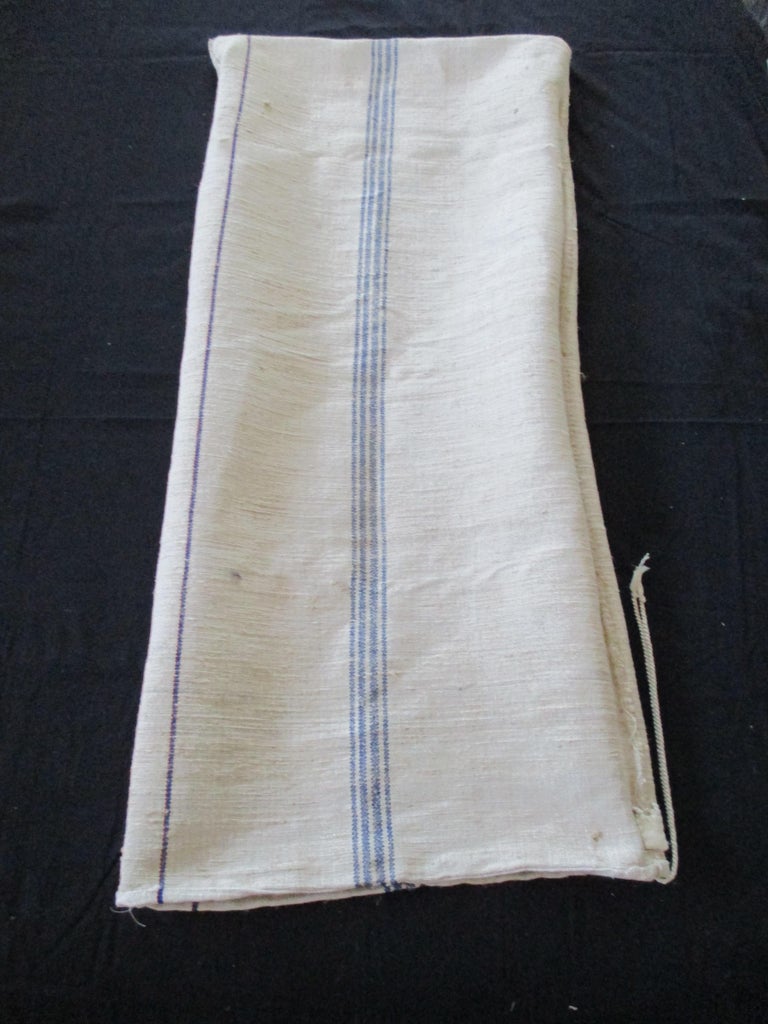 Antique French Grain Sack with Blue and Red Stripes For Sale at 1stDibs