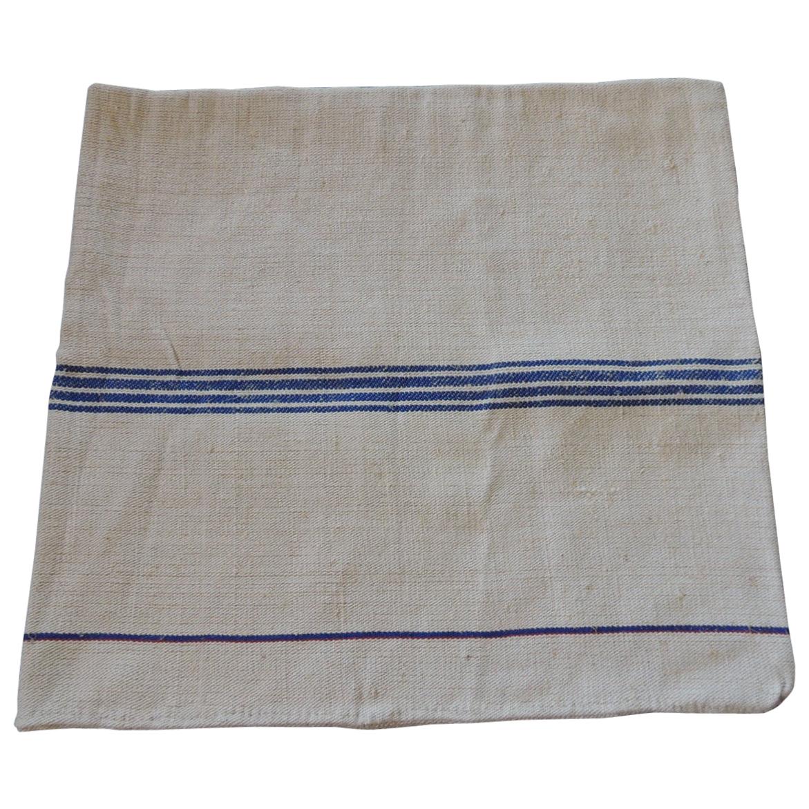 Antique French Grain Sack with Double Blue and Natural Stripes For Sale ...