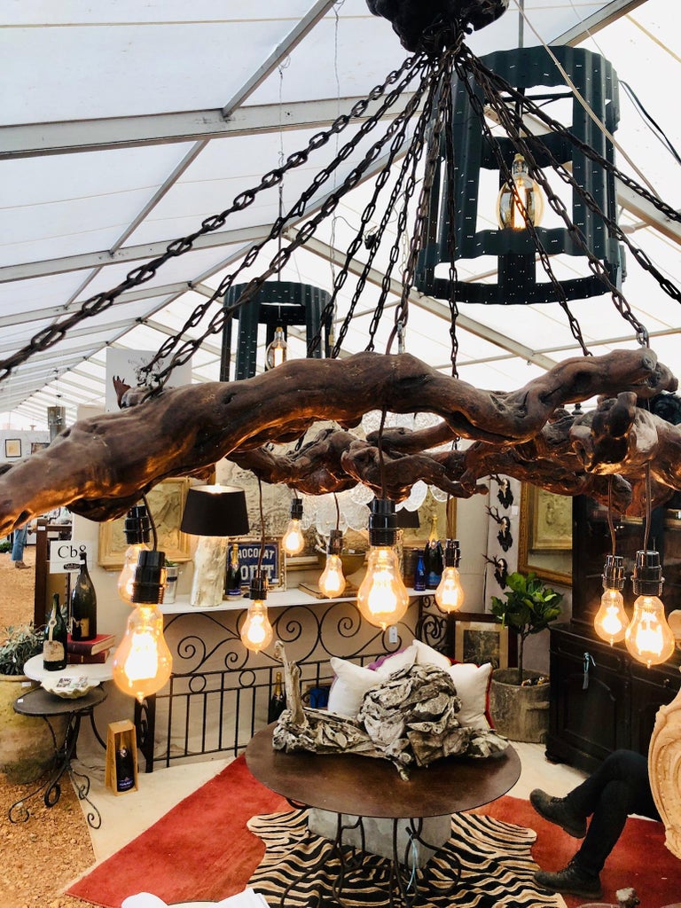 Antique French Grapevine and Chain Chandelier with Edison Bulbs at 1stDibs