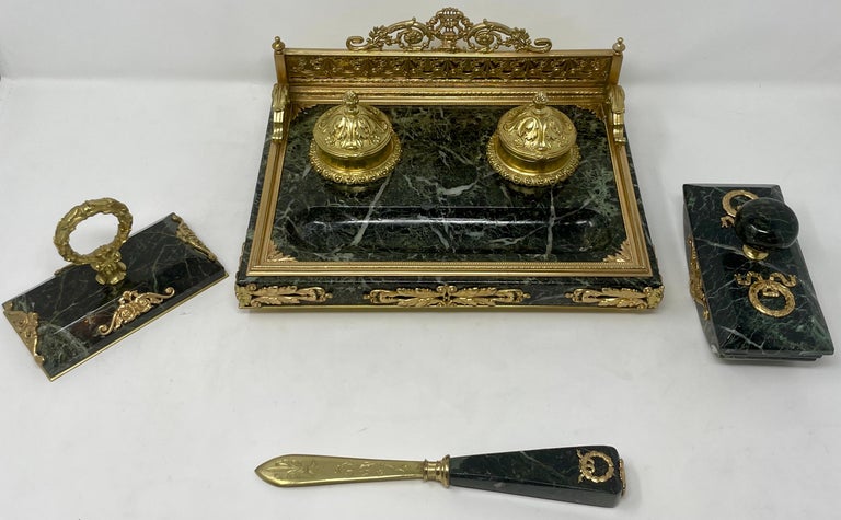 Antique French Green Marble and Gold Bronze 4 Piece Inkwell Desk Set ...