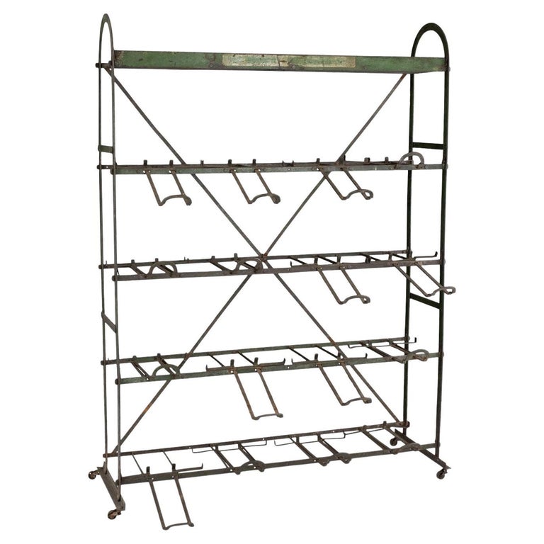 Antique French Green Painted Steel Wine Rack on Casters For Sale at 1stDibs