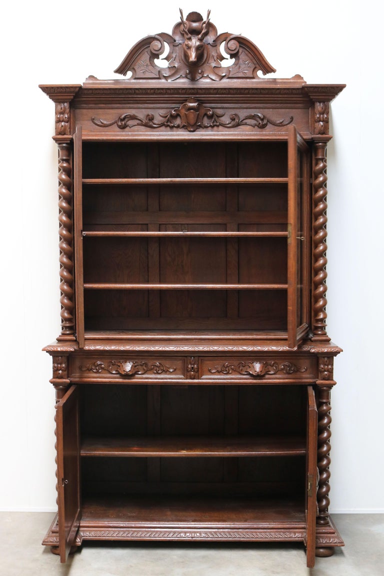 Antique French Hunt Cabinet / Bookcase Barley Twist Renaissance Revival ...